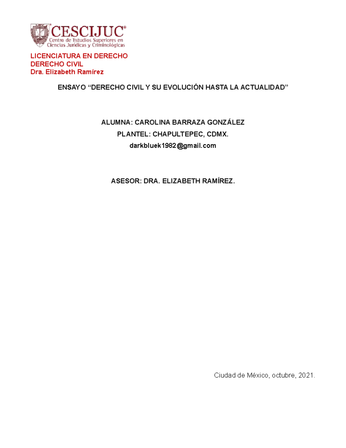 Ensayo “ Derecho Civil Y SU Evolución Hasta LA Actualidad” Carolina ...