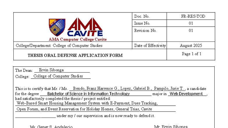 Thesis Oral Defense Application Form - BSIT Web Dev - Ervin Sibonga ...