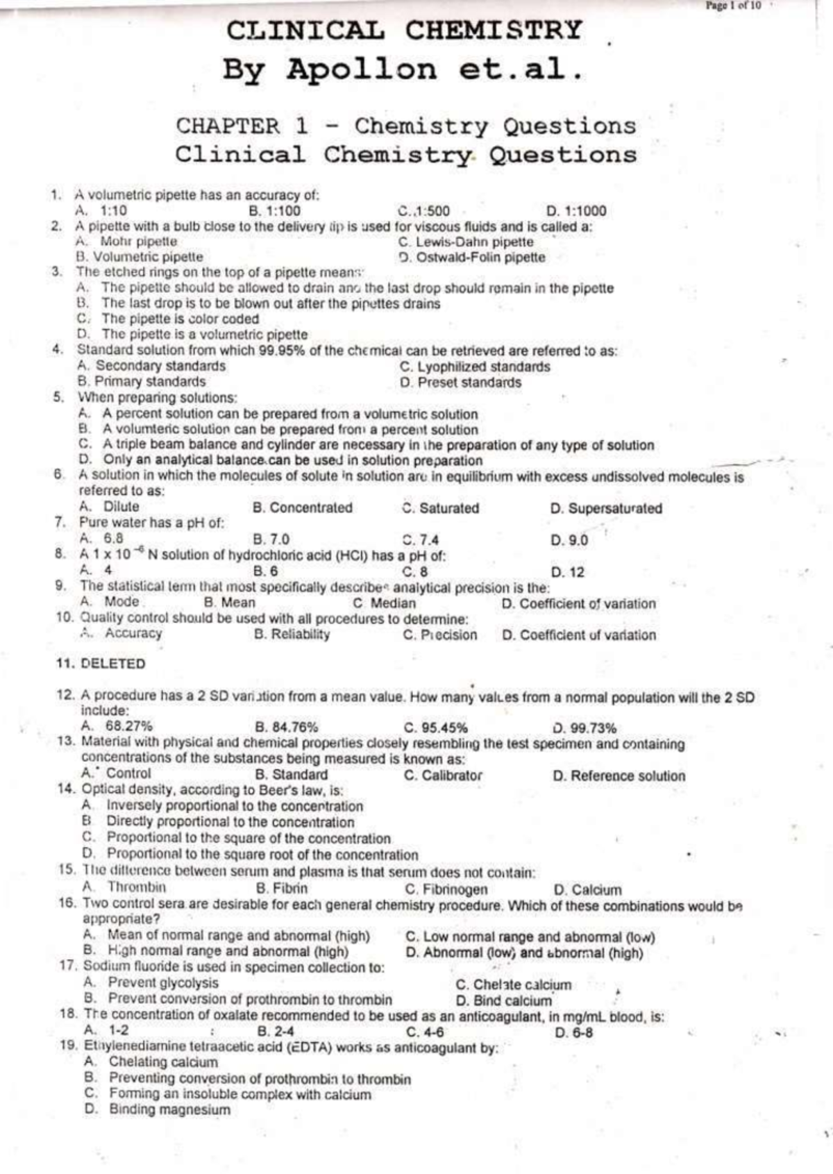 Clinical Chemistry (CLIN CHEM) Chapter 1: Key Questions and Answers ...