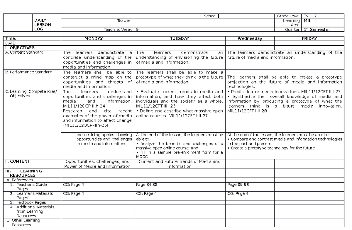Week 9 MIL - Lesson Plan: Exploring Media and Information Literacy ...