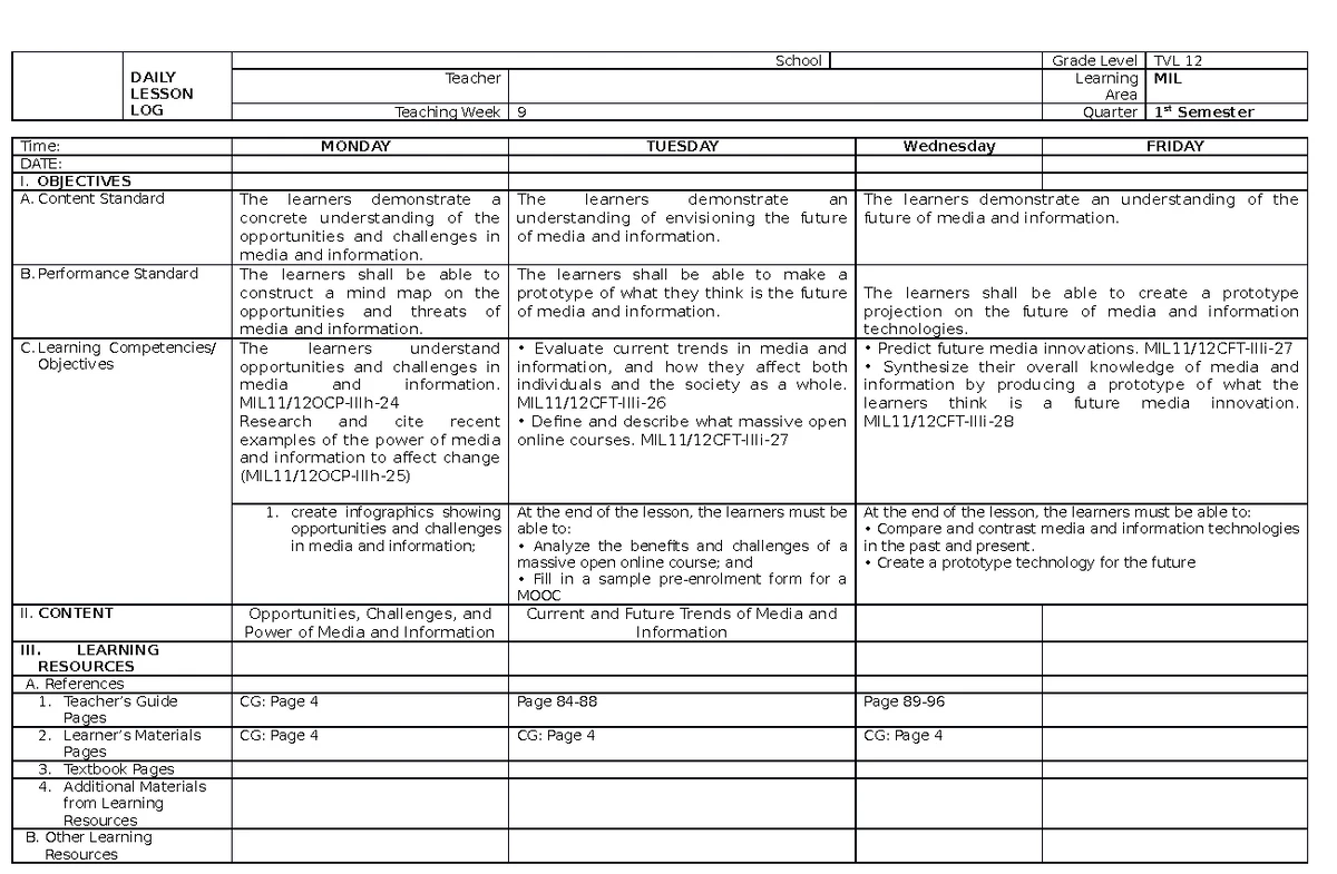 Week 10 MIL - Lesson Plan in Media and Information Literacy First ...