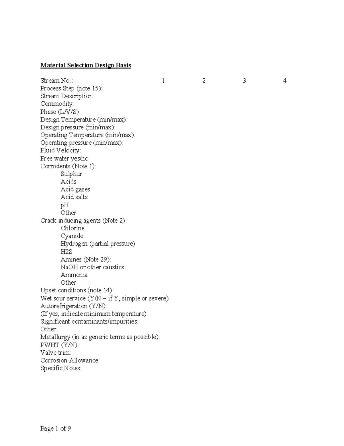 MSD Basis: Material Selection Design for Stream No. 1 - Studocu
