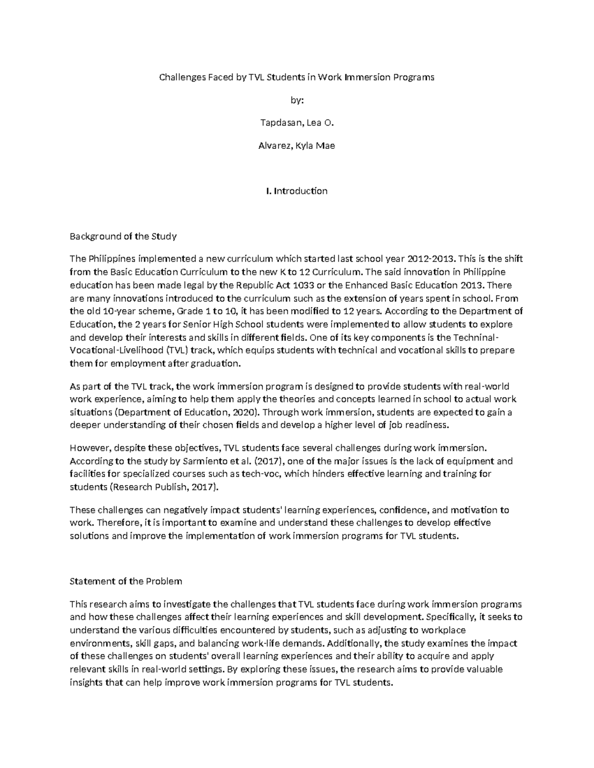 Challenges Faced by TVL Students in Work Immersion Programs (TVL 101 ...