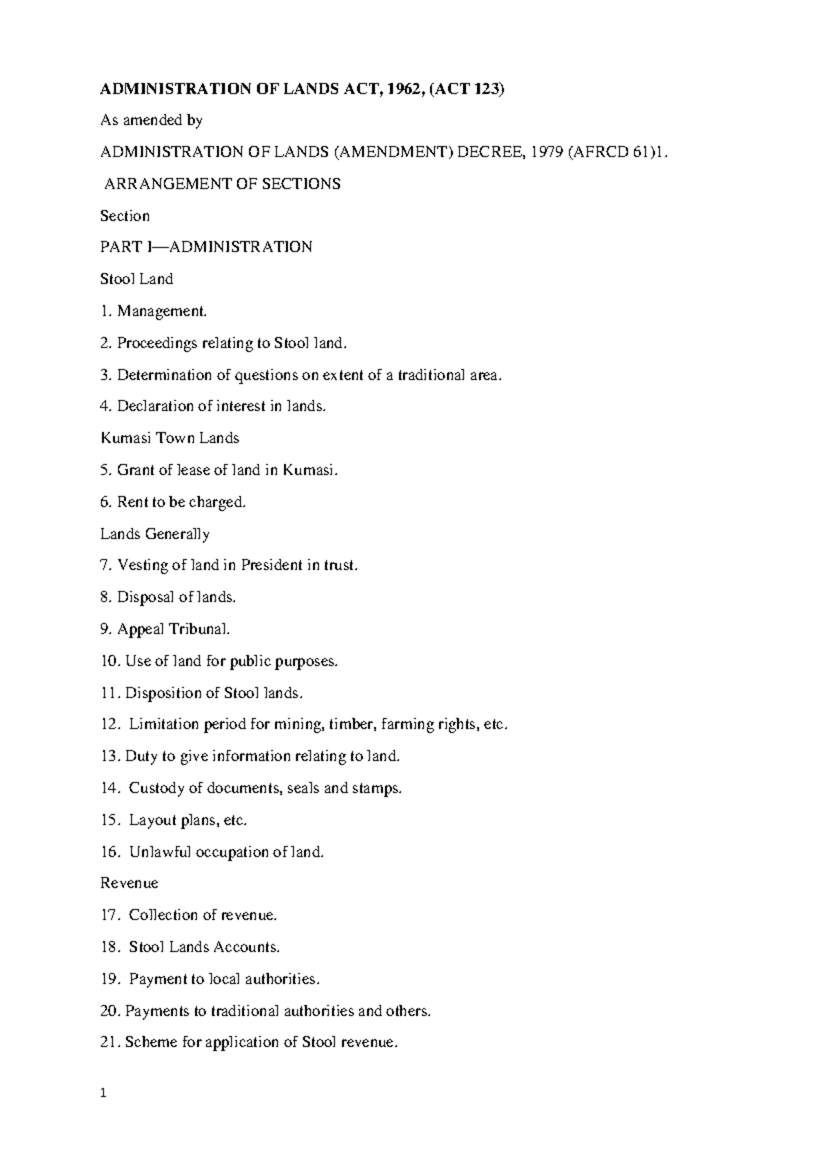 Administration of Lands Act, 1962 (Act 123) - Comprehensive Overview ...