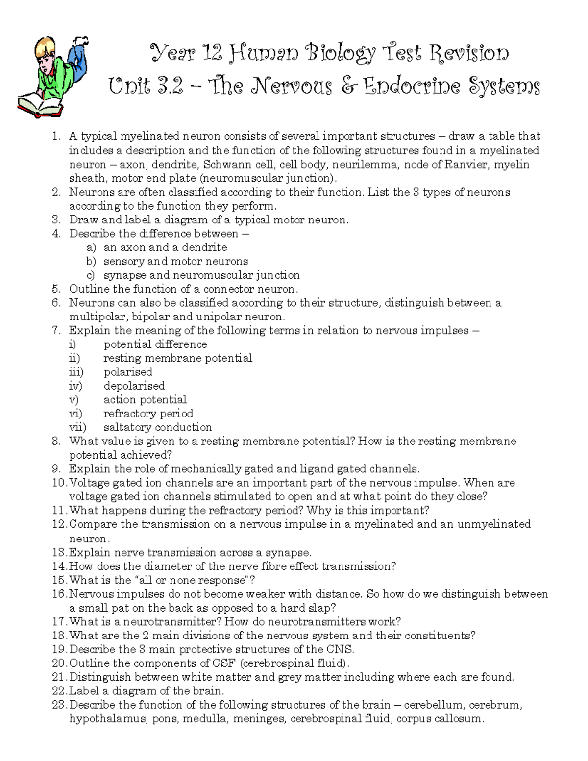 Year 12 Human Biology Unit 3.2 Nervous & Endocrine Systems Review Qs ...