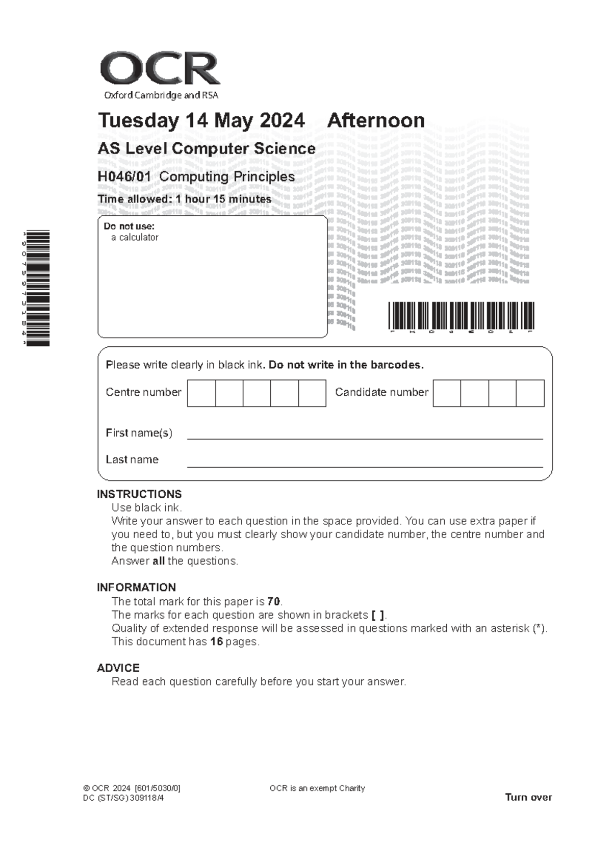 AS Level Computer Science H046/01 Exam Paper - 14 May 2024 - Studocu