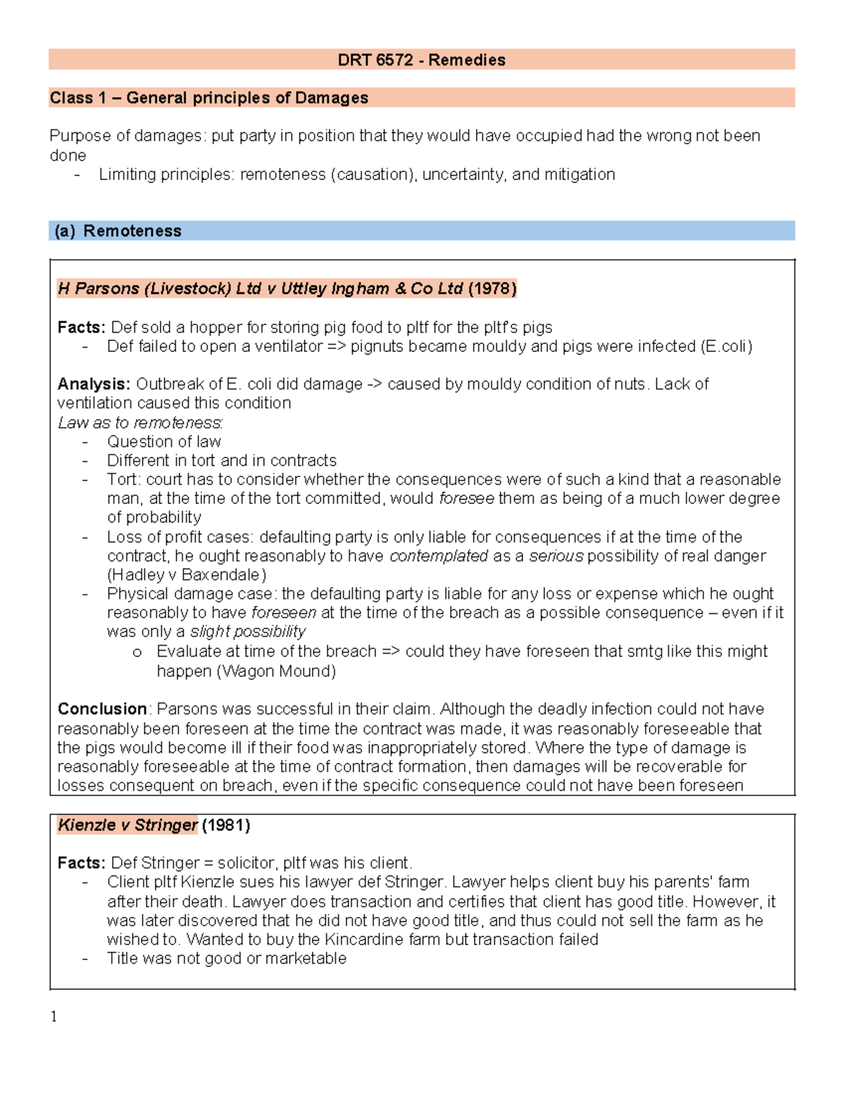 DRT 6572 - Class 1 general principles of damages and case analyses ...