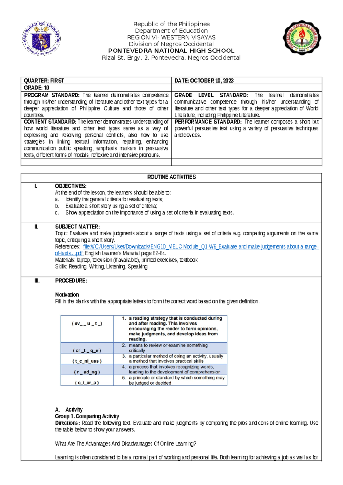 ENG10 Lesson Plan: Evaluating Texts and Online Learning Insights - Studocu