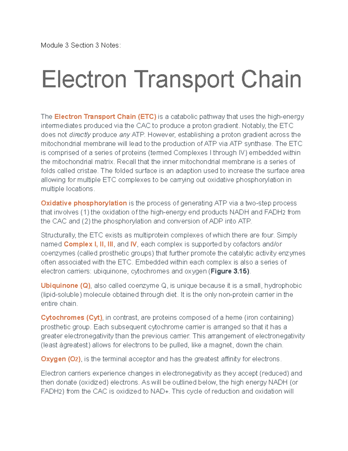 BIO 101: Module 3 Section 3 Notes on Electron Transport Chain - Studocu