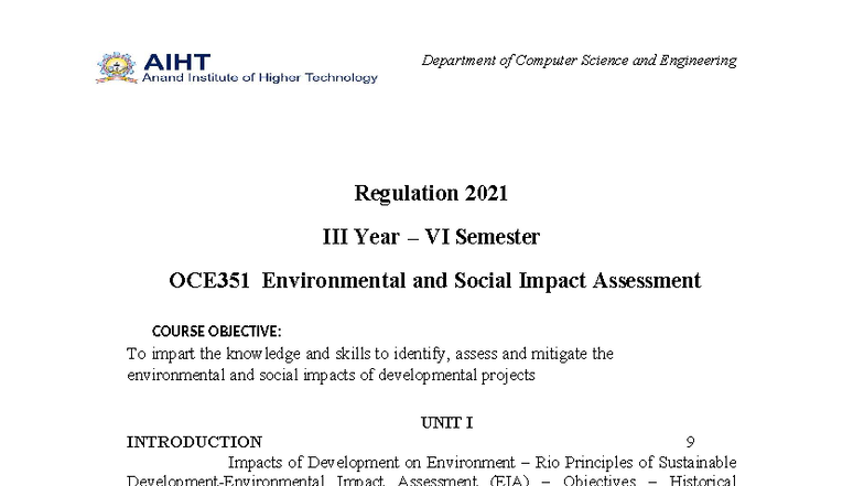 OCE351 - Notes on Environmental and Social Impact Assessment - Studocu