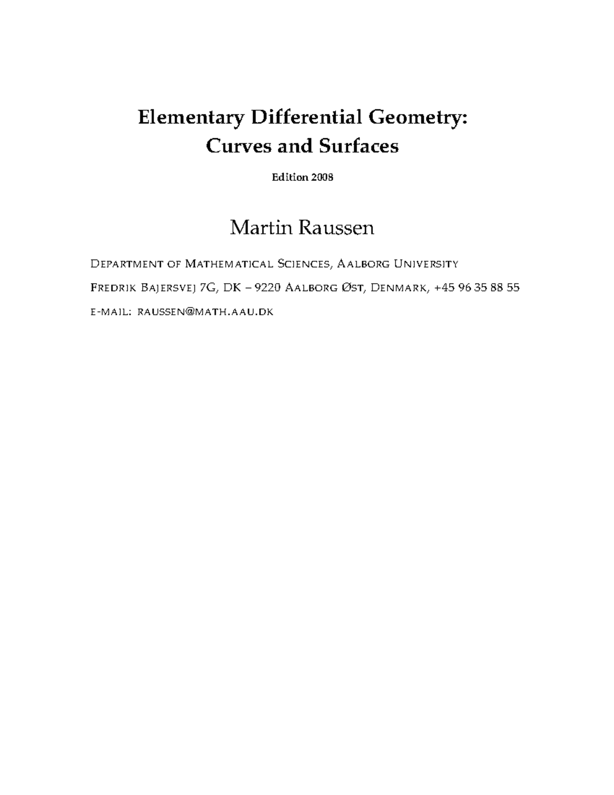 Elementary Differential Geometry: Curves and Surfaces (2008) - Studocu