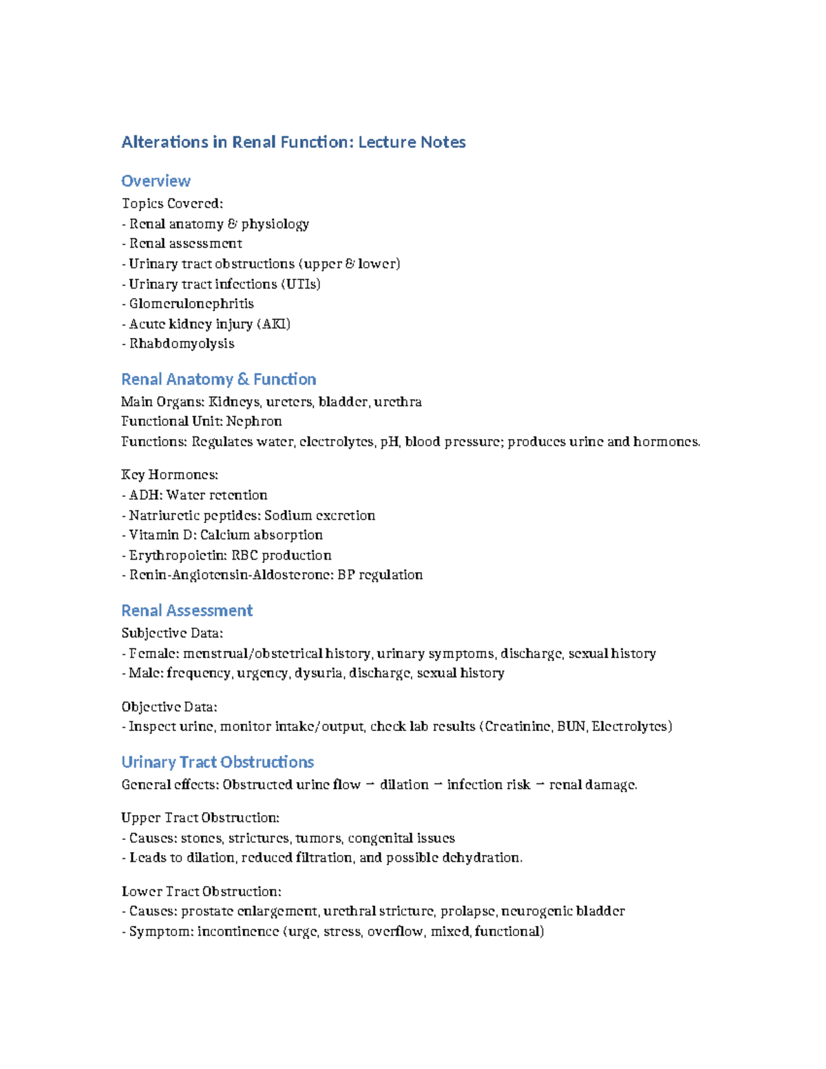 Week 7 Lecture Notes: Alterations in Renal Function Overview - Studocu