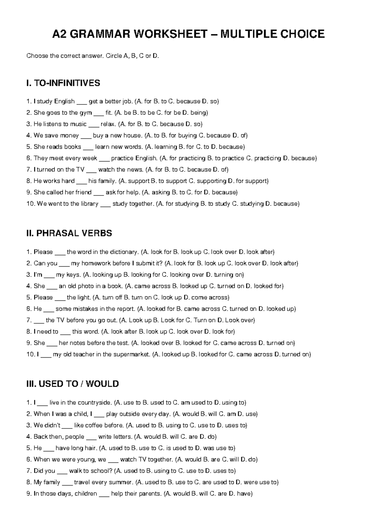 A2 Grammar Worksheet: Multiple Choice Questions (MCQs) - Studocu