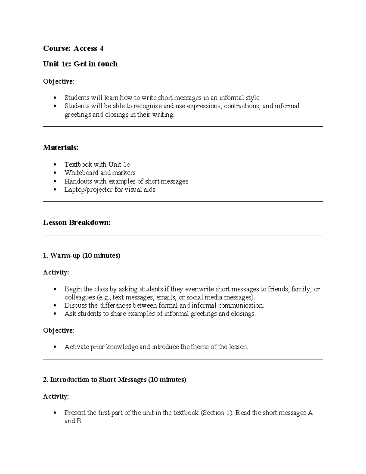 Access 4 Unit 1c: Informal Message Writing Techniques - Studocu