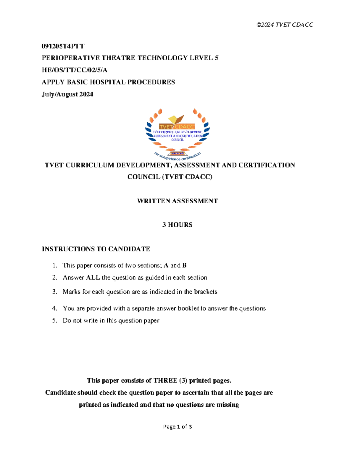 TVET CDACC 091205T4PTT Perioperative Theatre Tech Level 5 Exam 2024 ...