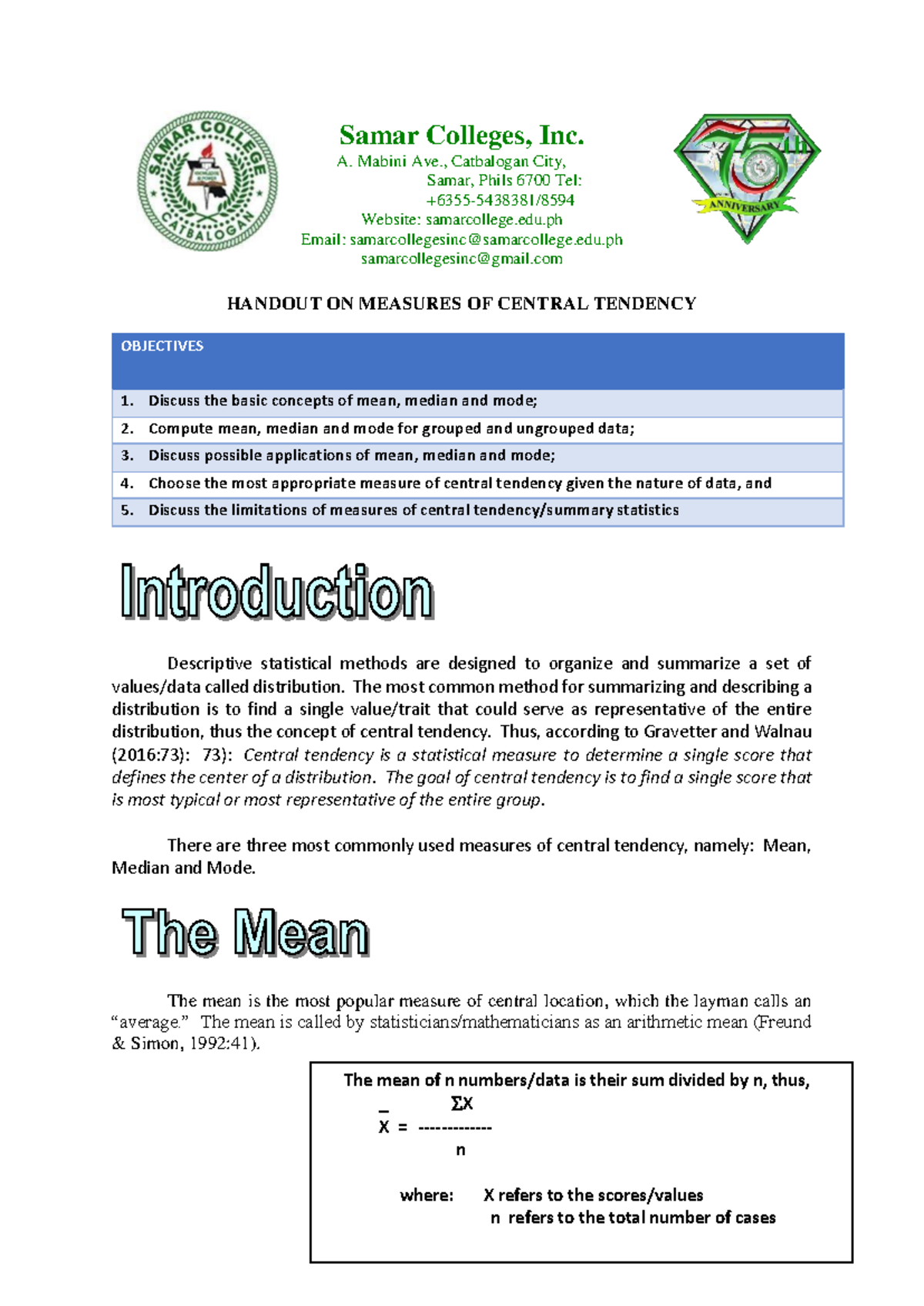 Handout on Measures of Central Tendency (STAT 101) - Studocu