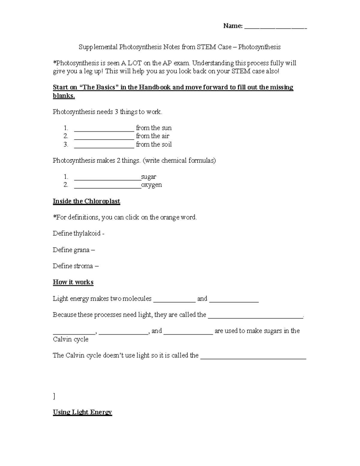 STEM 101 - Photosynthesis Notes for Exam Preparation and Review - Studocu