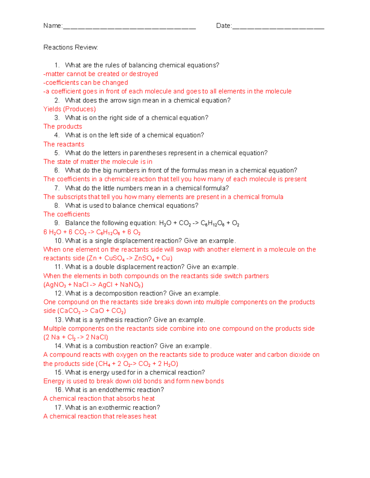 Key Reactions Review: Balancing Chemical Equations Explained - Studocu