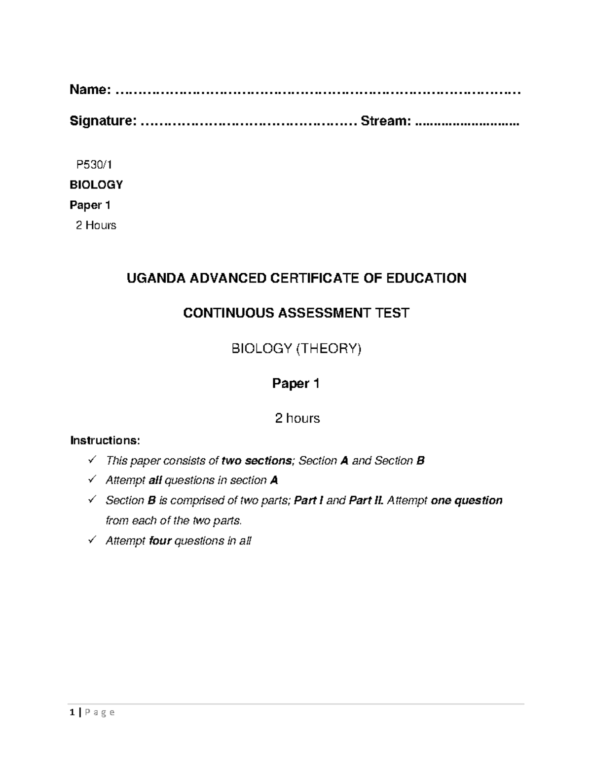 2026 6 BIO 1 EOT 1 RGS - Biology Continuous Assessment Test - Studocu
