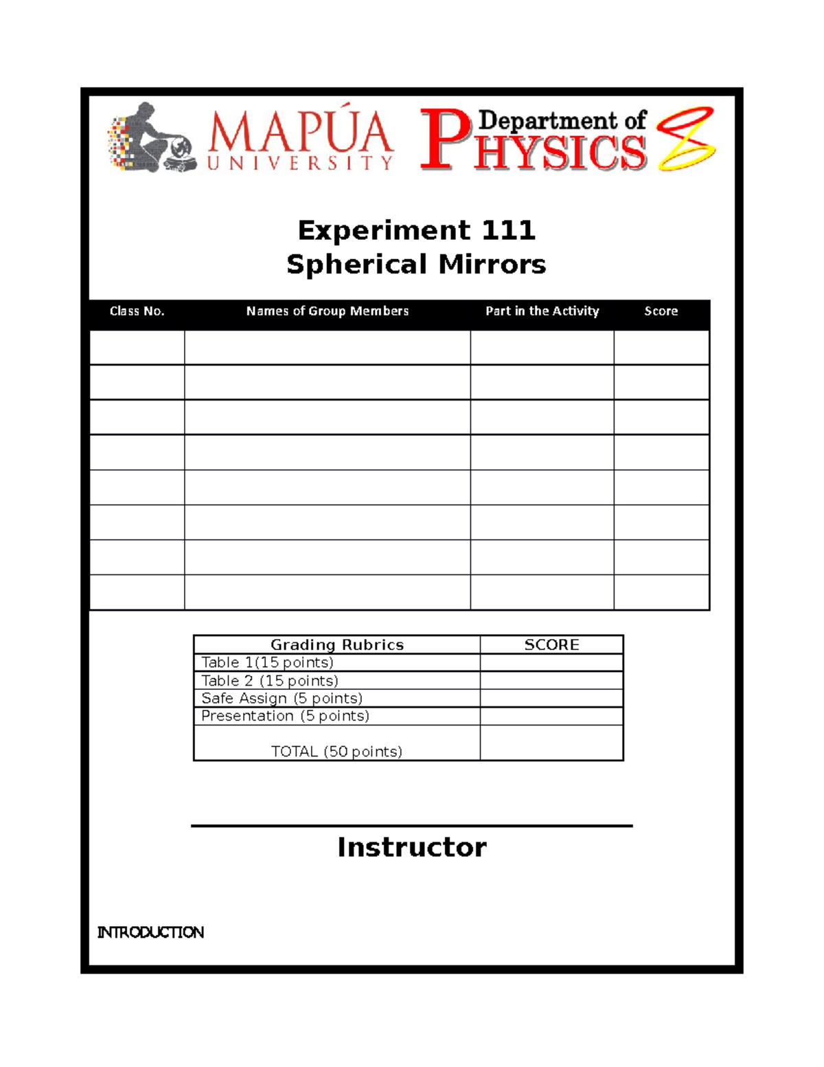 Experiment 111 Spherical Mirrors OL - Class No. Names of Group Members ...