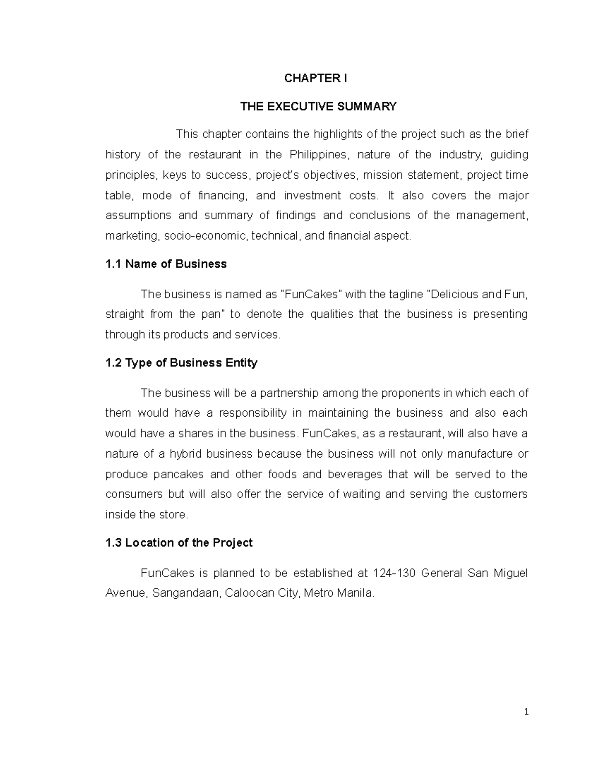 Business Plan Chapter 1 5 - CHAPTER I THE EXECUTIVE SUMMARY This ...