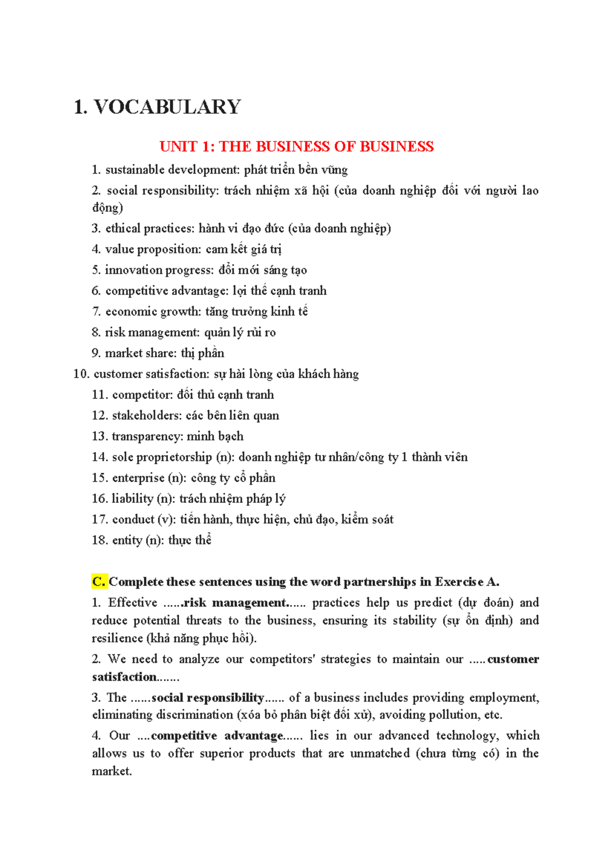 VOCABULARY UNIT 1: BUSINESS TERMS AND DEFINITIONS - Studocu