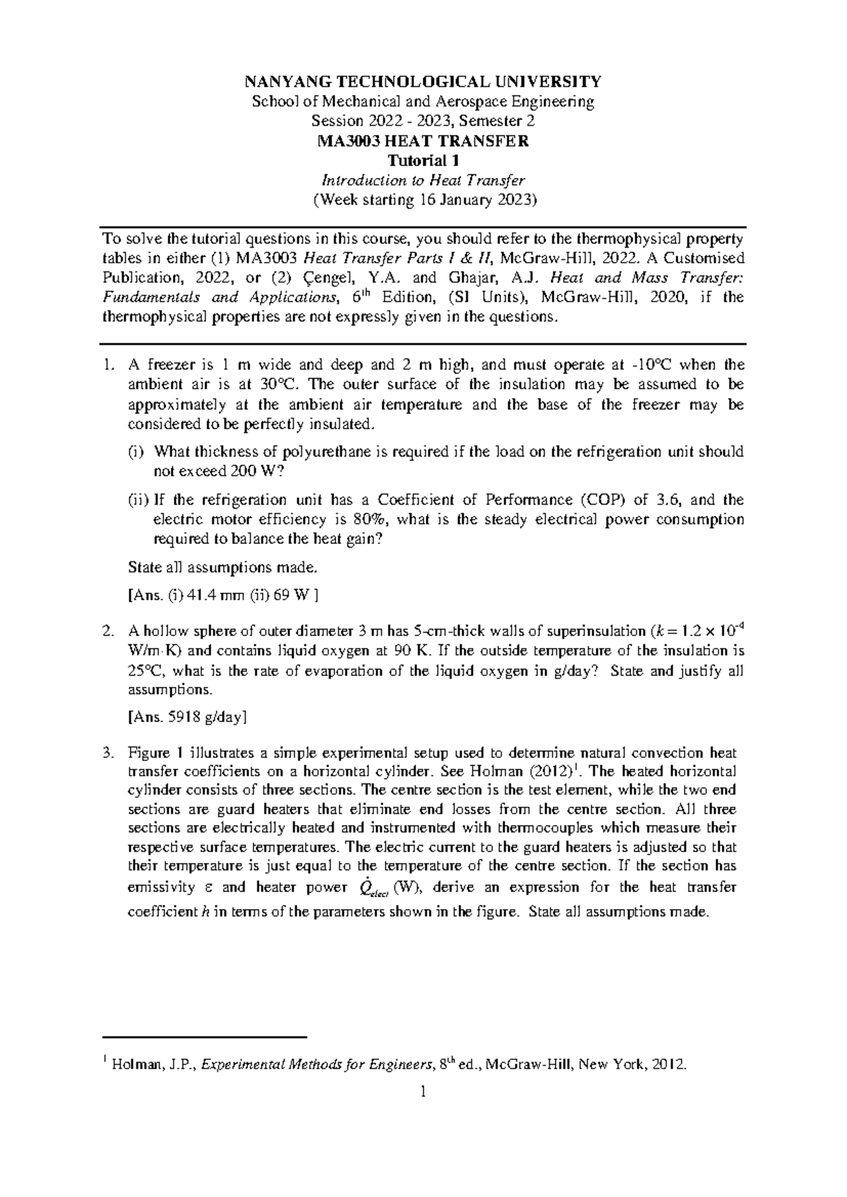 MA3003 Heat Transfer - Tutorial 1 Solutions and Analysis - Studocu