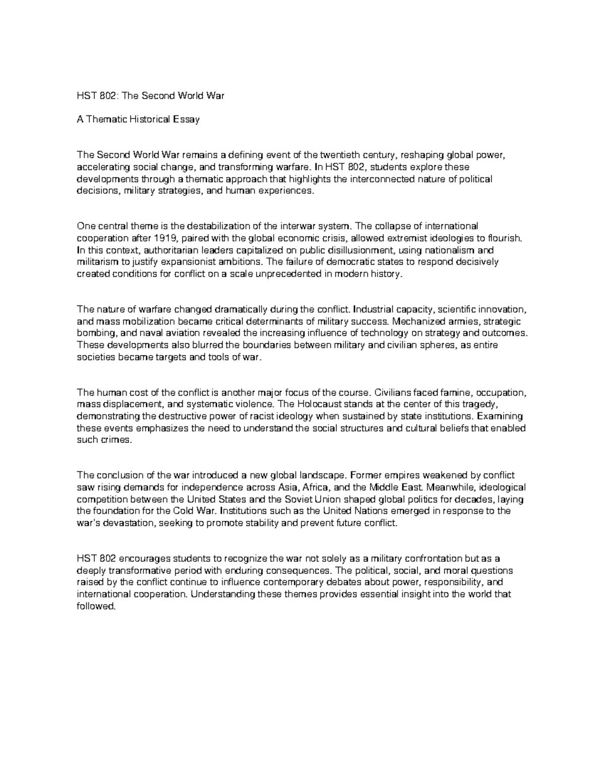HST 802: Thematic Analysis of WWII's Global Impact Essay - Studocu