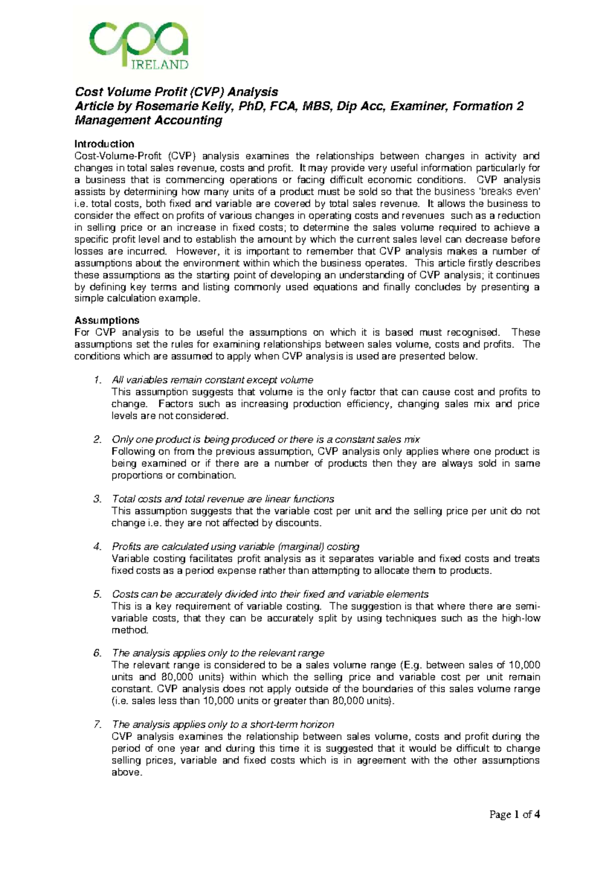 Cost Volume Profit (CVP) Analysis: Key Concepts and Assumptions - Studocu