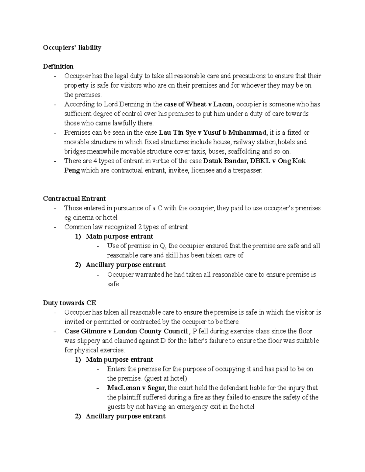 Final LAW498 - Occupiers’ Liability Notes for Your Review - Studocu