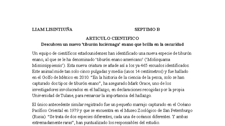 LIAM LISINTIUÑA 7B ARTÍCULO CIENTÍFICO: Nuevo Tiburón Enano ...