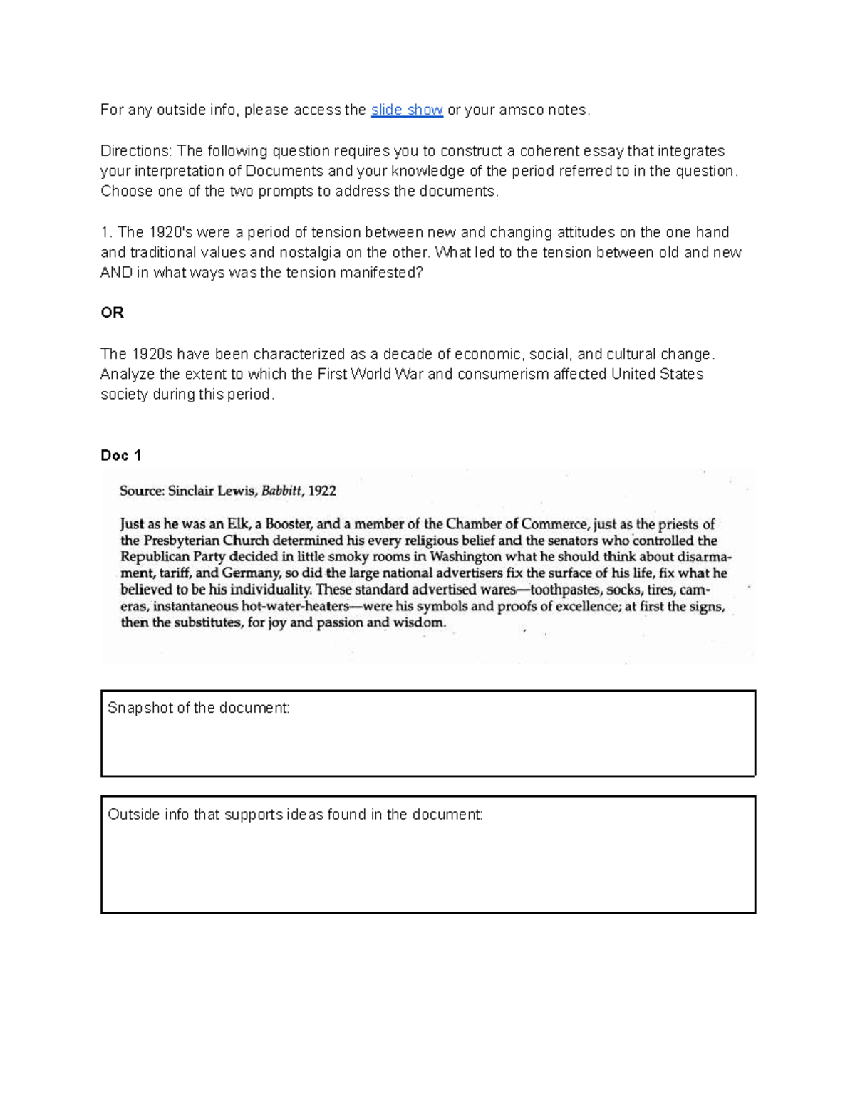 1920s DBQ APUSH 2025: Analyzing Tensions of Change and Tradition - Studocu