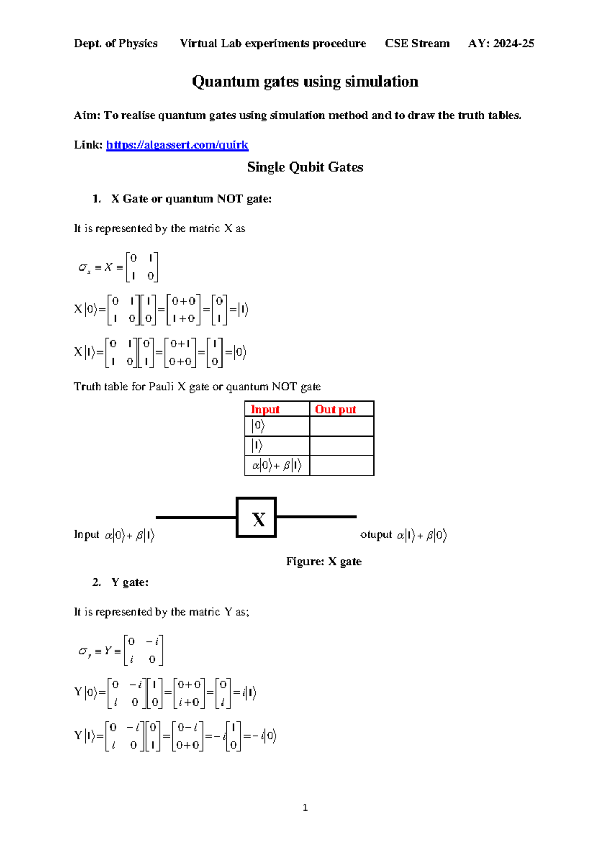Virtual Lab Experiments on Quantum Gates for CSE 2024-25 - Studocu