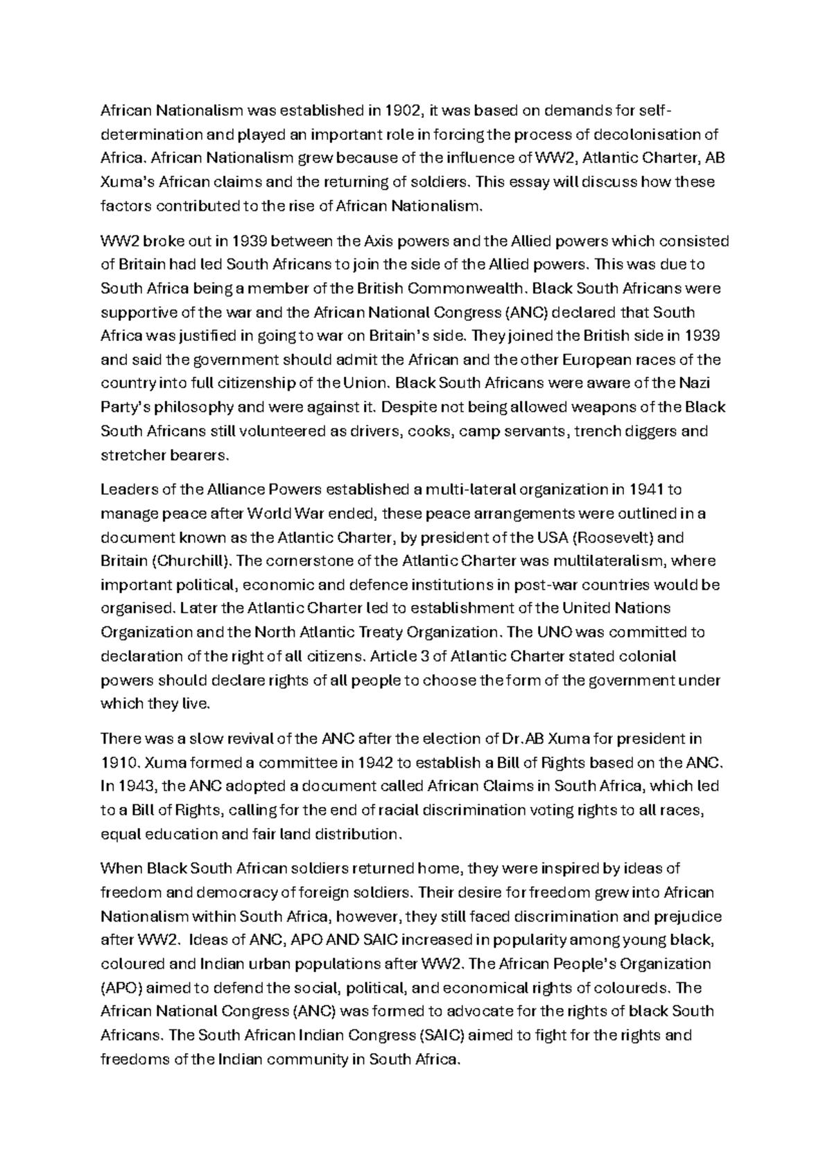 HIST 202 - Essay Notes on African Nationalism's Rise and Impact - Studocu