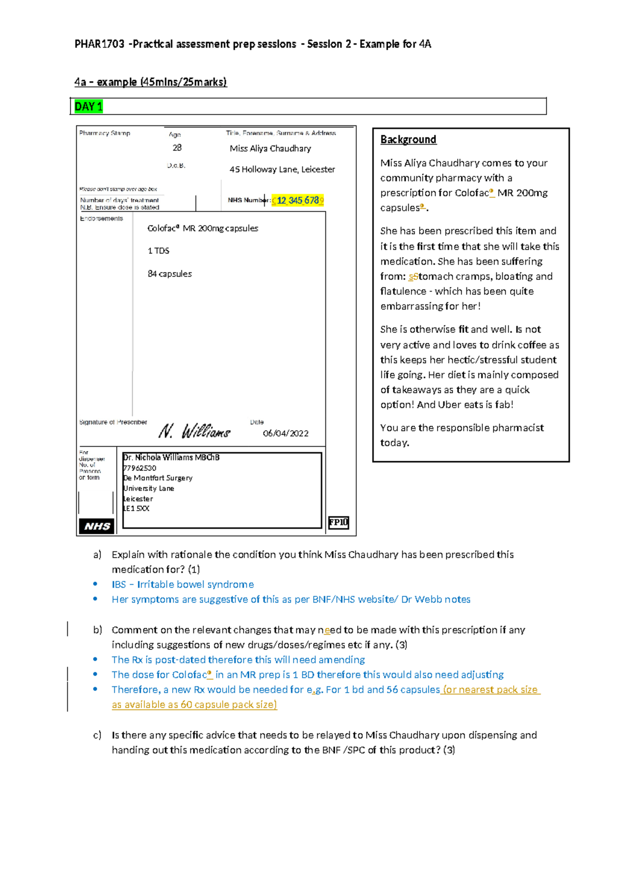 4A example with answers - 4a – example (45mins/25marks) DAY 1 a ...