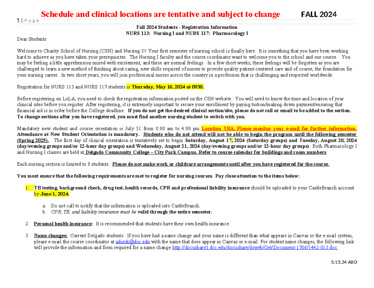 Level 1fall24grid2 - to help - 1 | P a g e Fall 2024 Students - Registration Information NURS ...