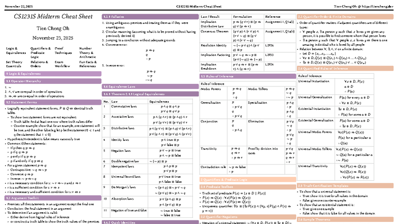 CS1231S Midterm Cheat Sheet - Logic, Proofs, and Equivalences - Studocu