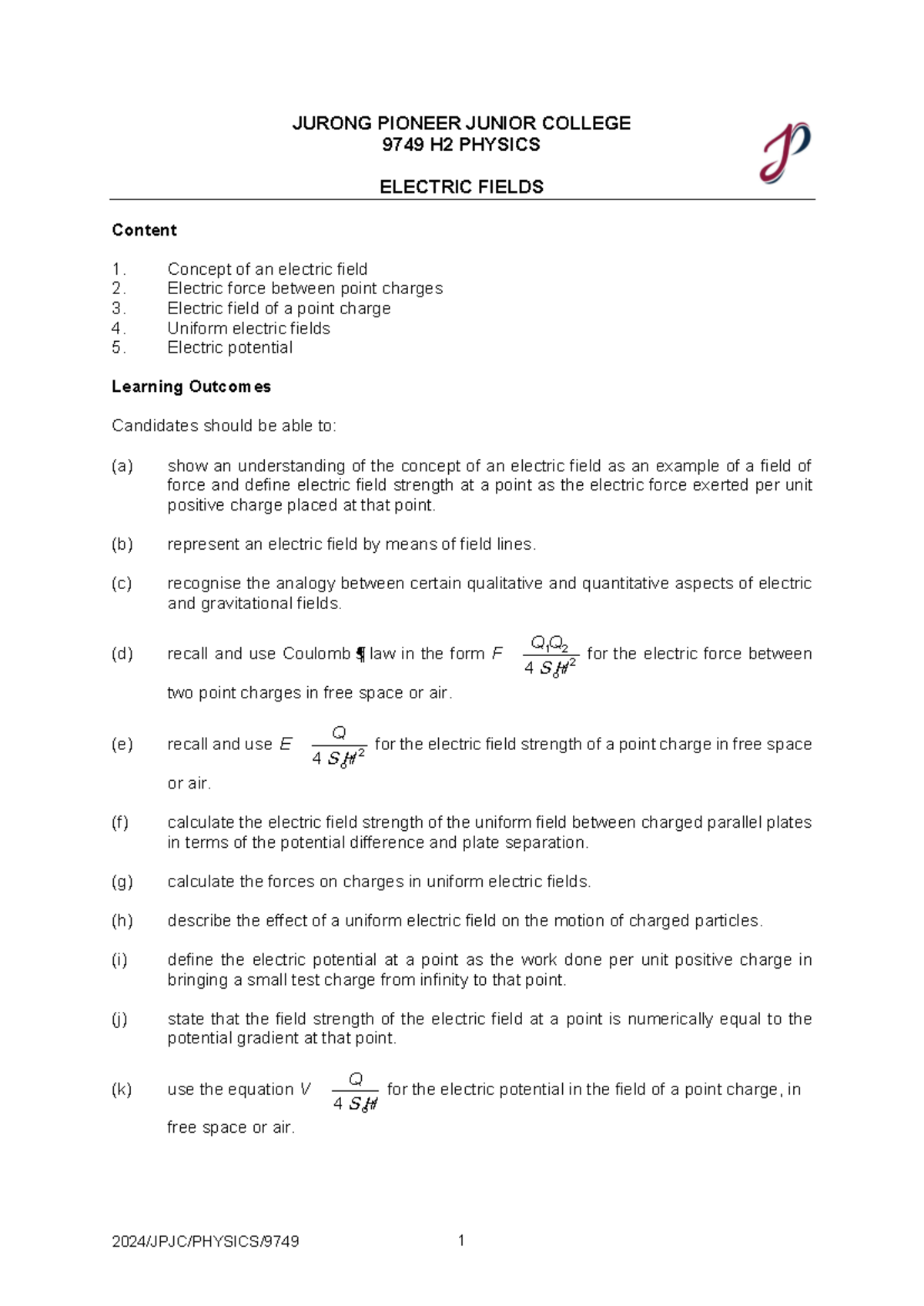 2024 Electric Fields Lecture Notes (Teachers) copy - 1 JURONG PIONEER ...