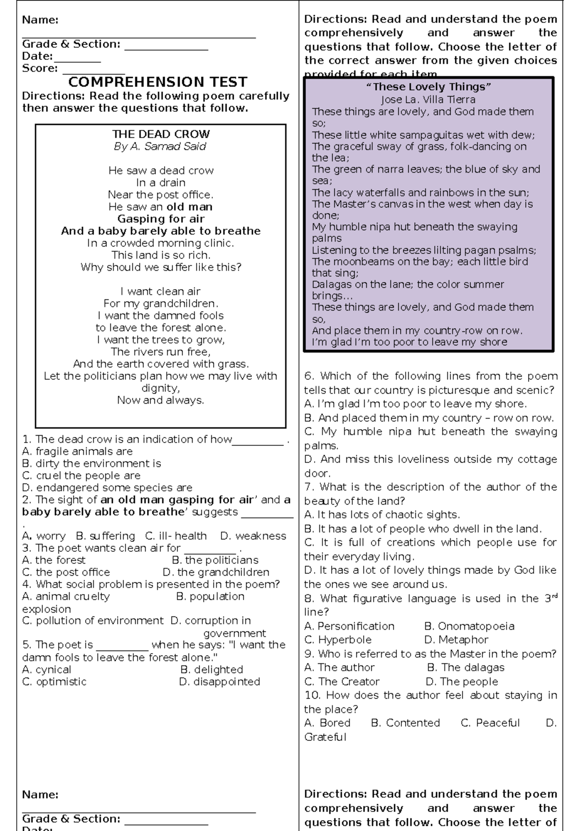 Comprehension Test on Poems: G8 Analysis and Questions - Studocu