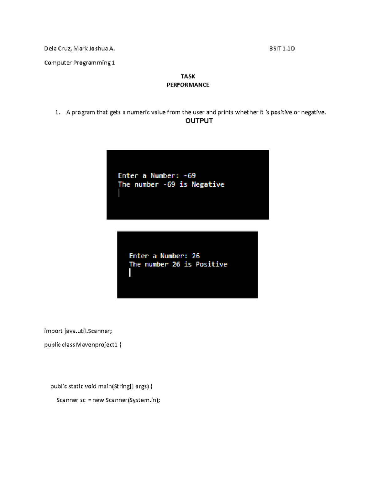 Dela Cruz Mark Joshua Task Performance - Dela Cruz, Mark Joshua A. BSIT 1 Computer Programming 1 ...