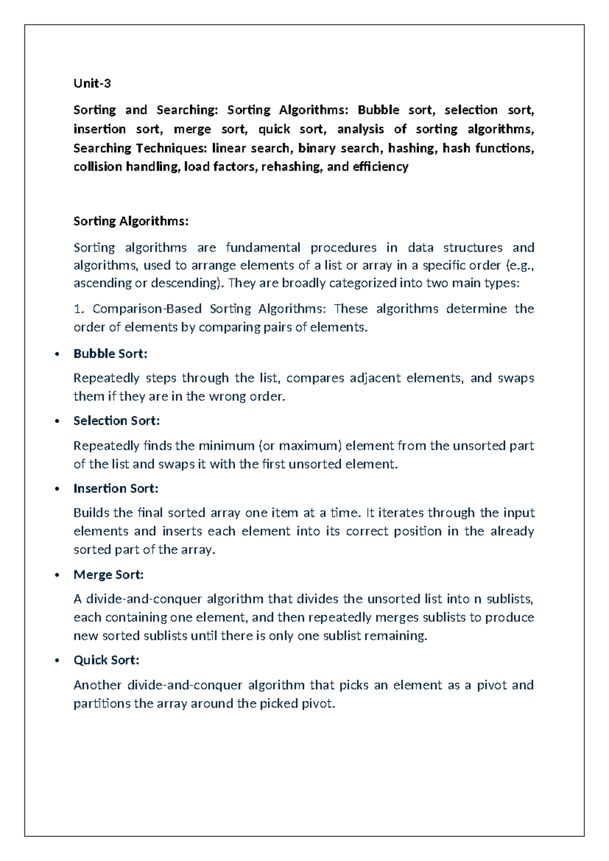 Sorting and Searching Algorithms: A Comprehensive Guide (DS 101) - Studocu