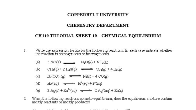 CH110 Tutorial Sheet 10: Chemical Equilibrium Concepts - Studocu