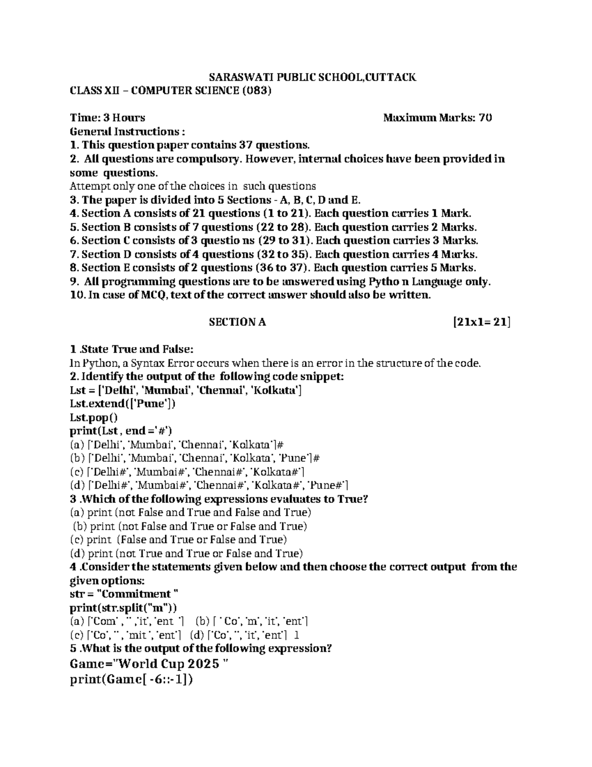 CBSE VST 2 1 - Class XII Computer Science (083) Exam Paper - Studocu