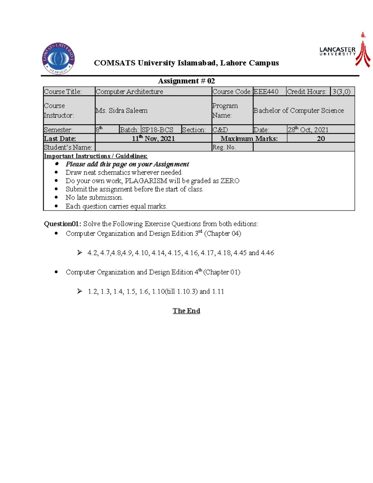 Assignment 02 - Solve exercise questions - Computer Architecture - CUI ...