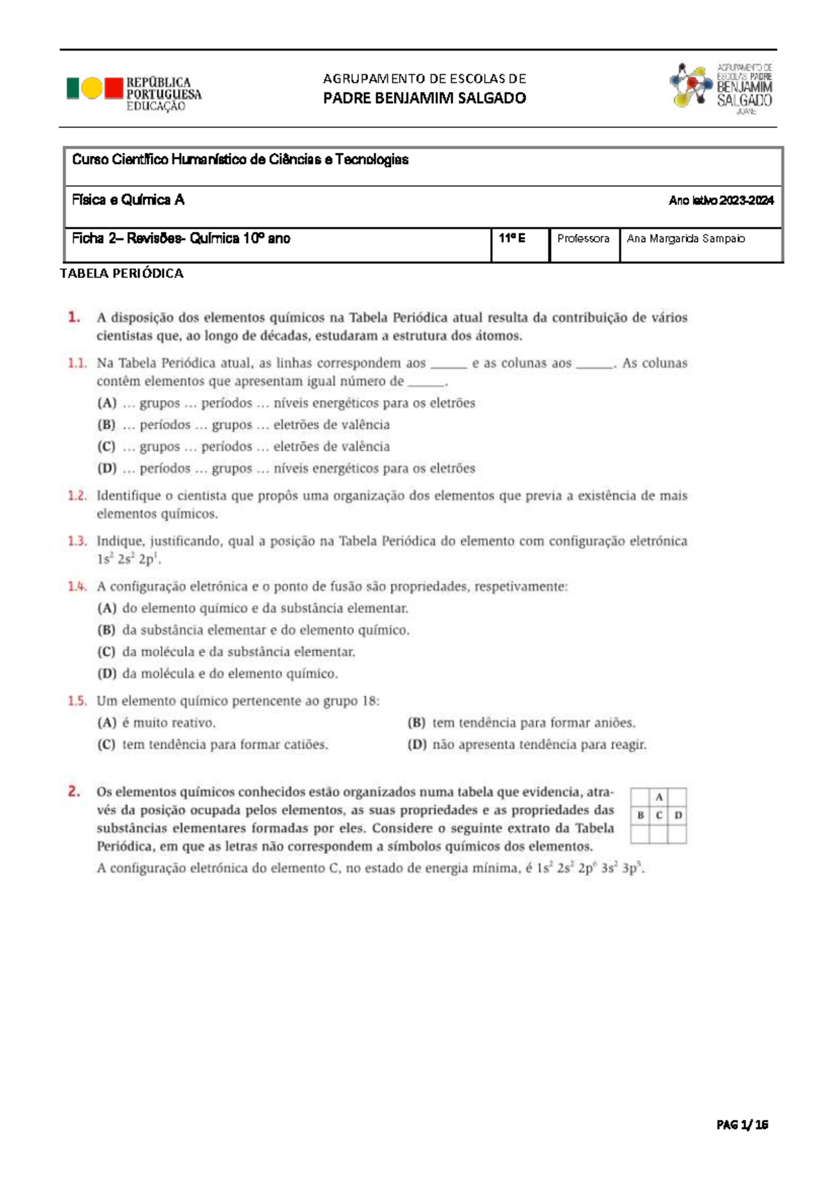FT2 - Revisões de Química para 10º Ano - Agrupamento de Escolas - Studocu