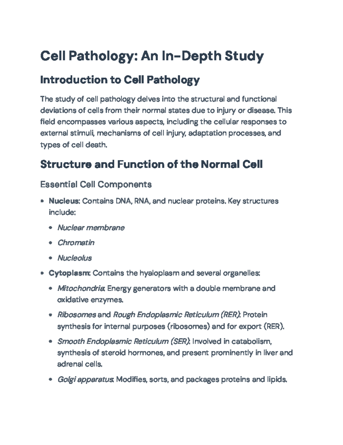 Cell Pathology: Structural Changes, Injury Mechanisms, and Adaptations ...