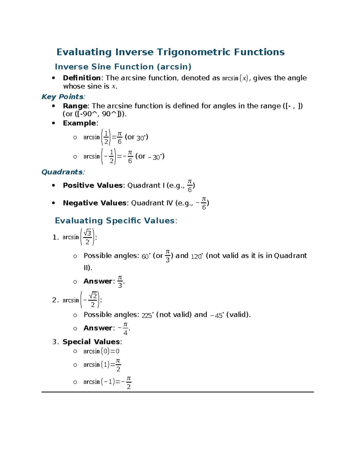 MATH101 - Final Exam Notes on Evaluating Inverse Trigonometric ...