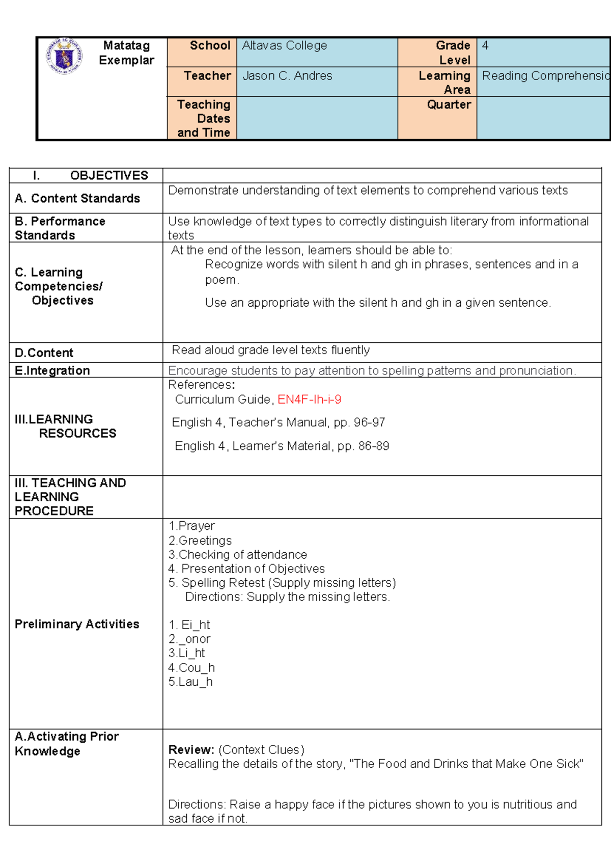 EN4F-Ih-i: Understanding Silent Letters in Reading Comprehension Lesson ...