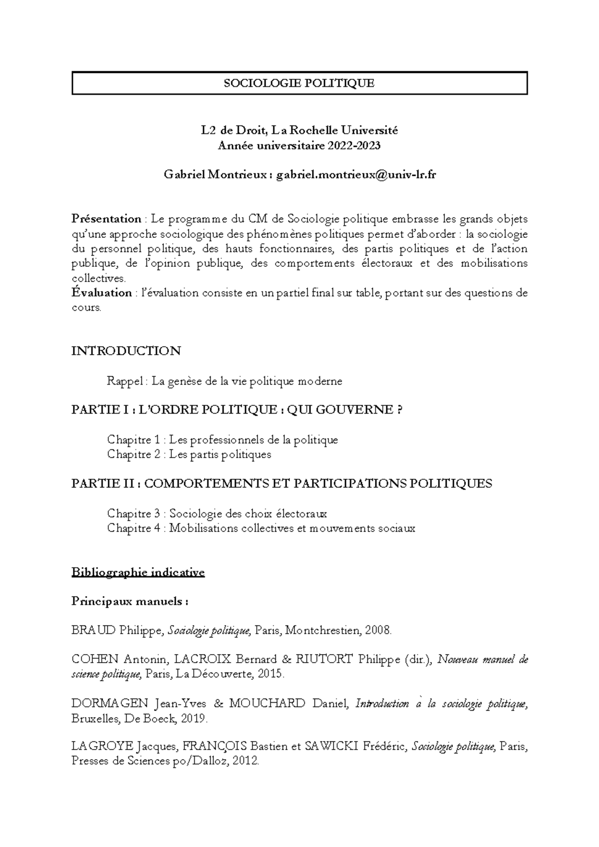 Plan - SOCIOLOGIE POLITIQUE L2 de Droit, La Rochelle Université Année ...
