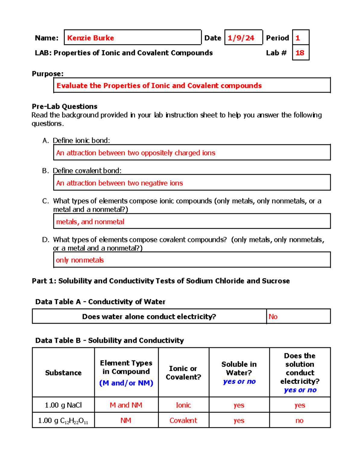 Copy of Lab Properties of Ionic and Covalent Compounds - Name: Kenzie ...